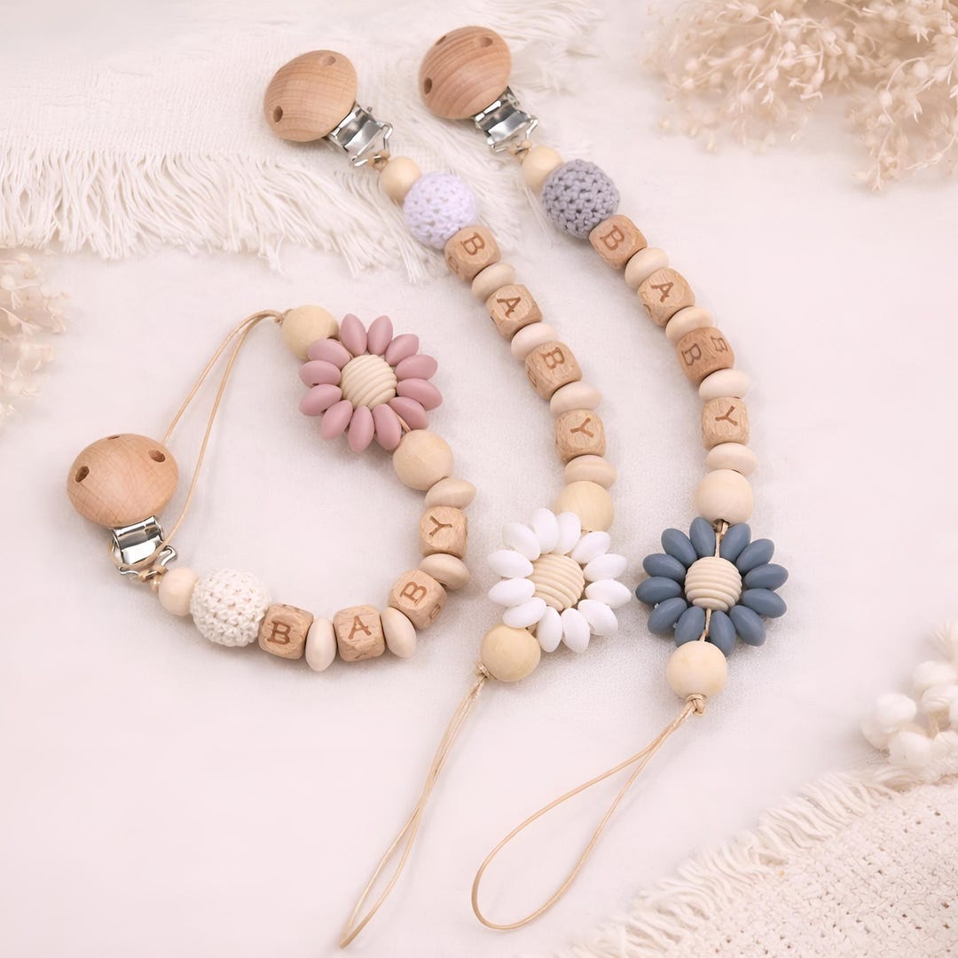 Personalized Pacifier Clip With Name Floral Silicone Bead Soother ...