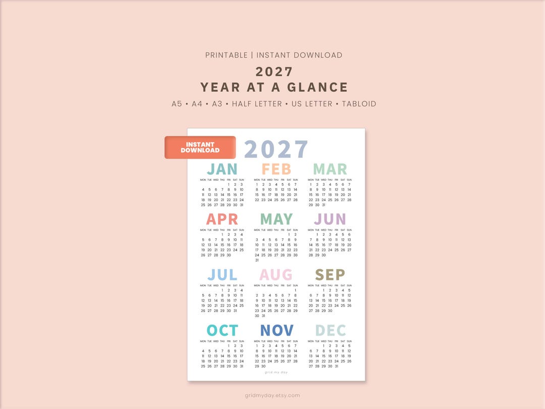 2027 Year At-a-glance Calendar, Minimalist Planner Wall Calendar (PDF ...