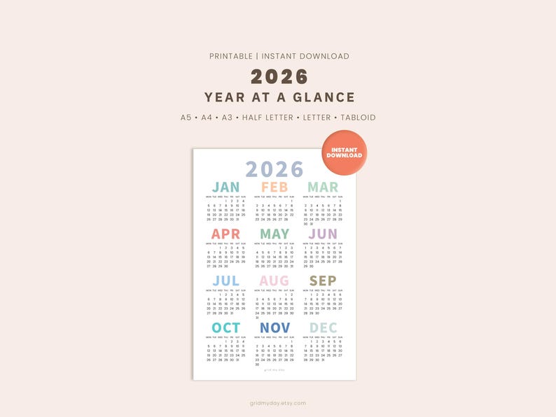 2026 Year at a Glance | Printable One Page Yearly Calendar Annual ...