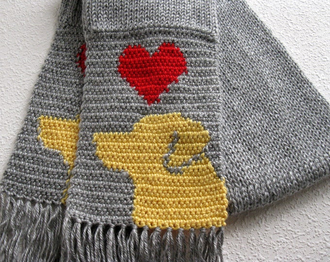 Yellow Labrador Retriever Scarf. Gray, Knit Scarf With Red Hearts and ...