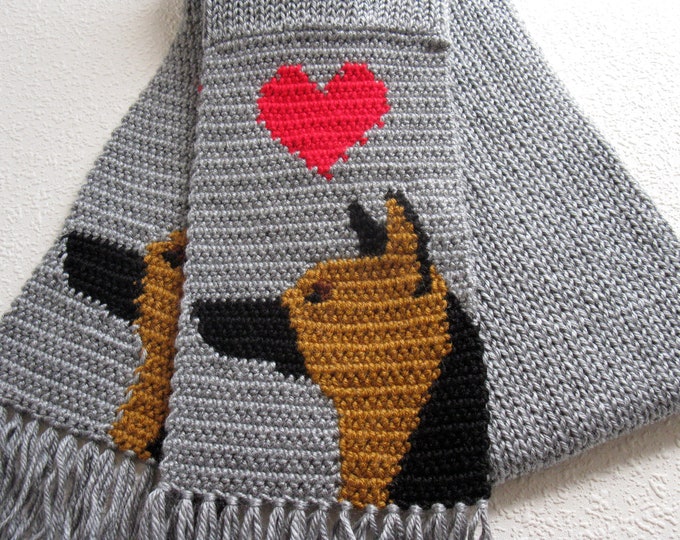 German Shepherd Dog Scarf. Gray Knit and Crochet Scarf With - Etsy