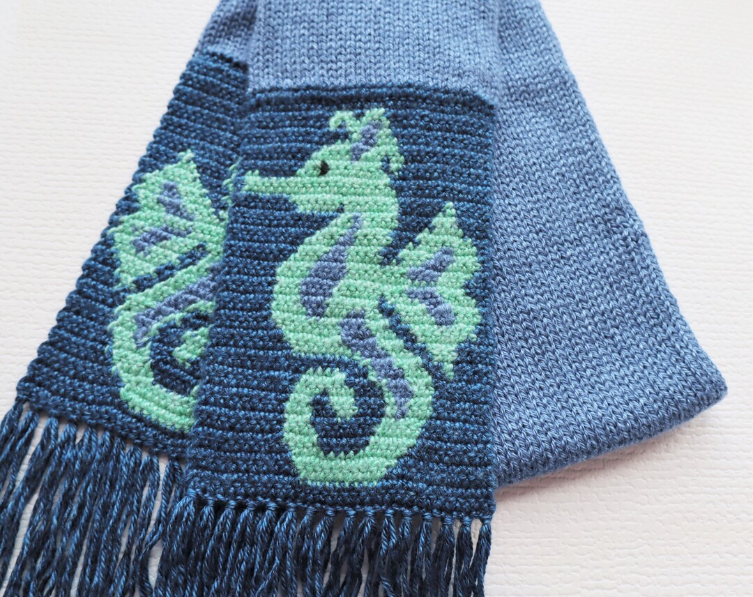 Seahorse Scarf. Handmade, Shades of Blue Knit Scarf With Mint Color ...