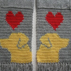 Yellow Labrador Retriever Scarf. Gray, Knit Scarf With Red Hearts and ...