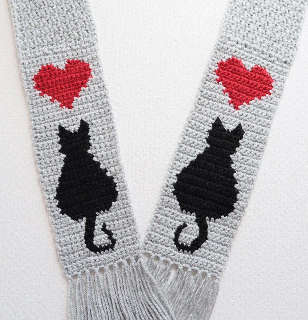 Crochet Cat Scarf Pattern: Gray Scarf With Black Cats & Red Hearts (PDF ...