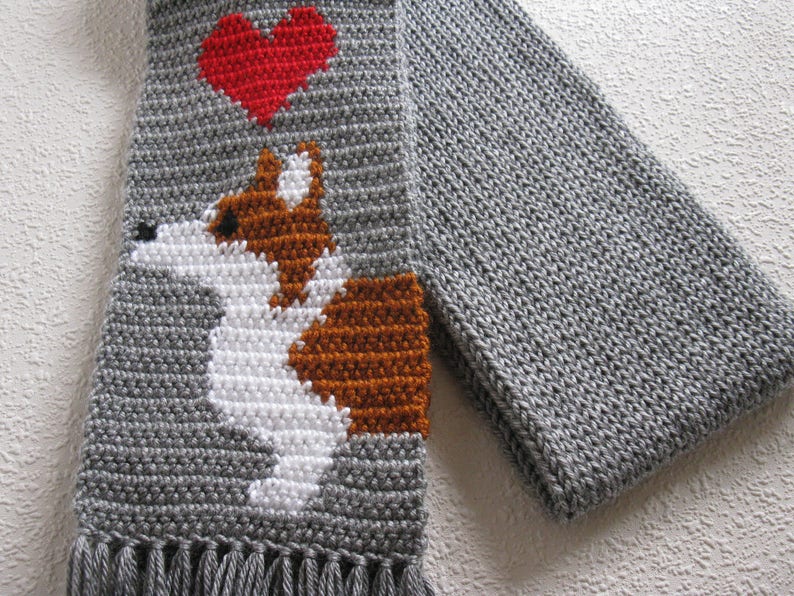 Handmade Corgi Scarf, Gray Knit Loom With Crochet Hearts - Etsy