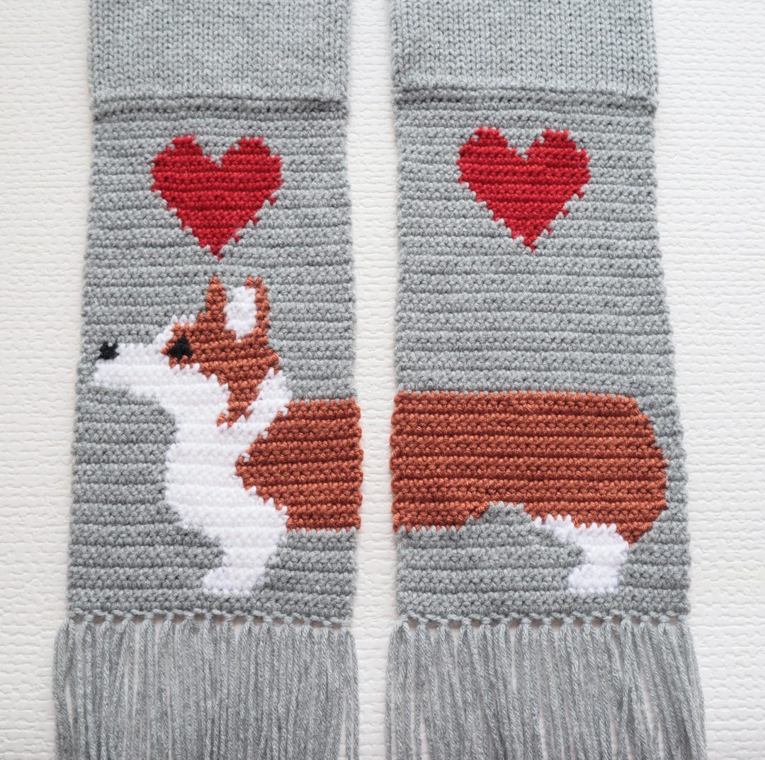 Corgi Scarf. Gray Knit and Crochet Scarf With Pembroke Welsh Corgi Dogs ...