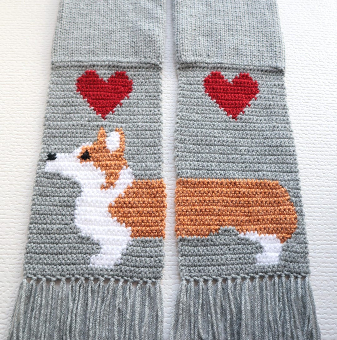 Handmade Corgi Scarf. Gray Knit and Crochet Scarf With Pembroke Welsh ...