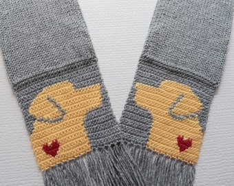 Yellow Labrador Retriever Scarf. Gray, Knit Scarf With Red Hearts and ...