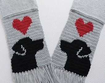 Yellow Labrador Retriever Scarf. Gray, Knit Scarf With Red Hearts and ...