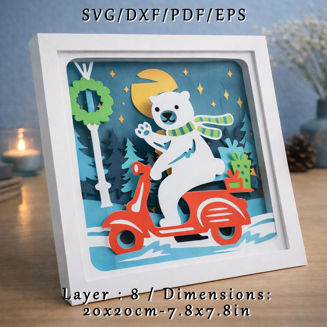 Christmas Bear Shadow Box SVG, 3D Layered Paper Art, Polar Bear Scooter ...