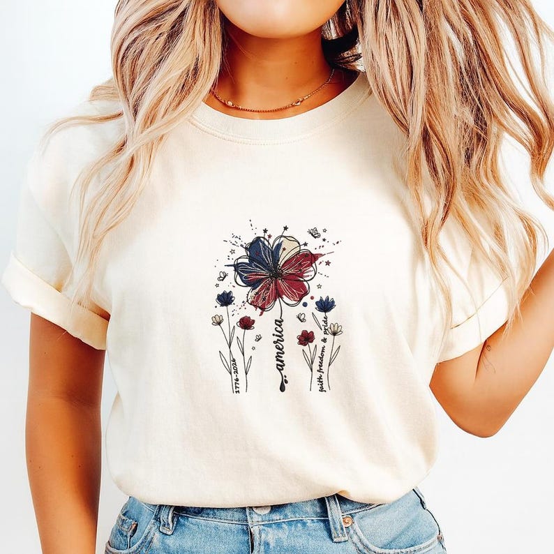 America Sketch Flower Embroidery Design, Patriotic Floral Line Art, USA ...