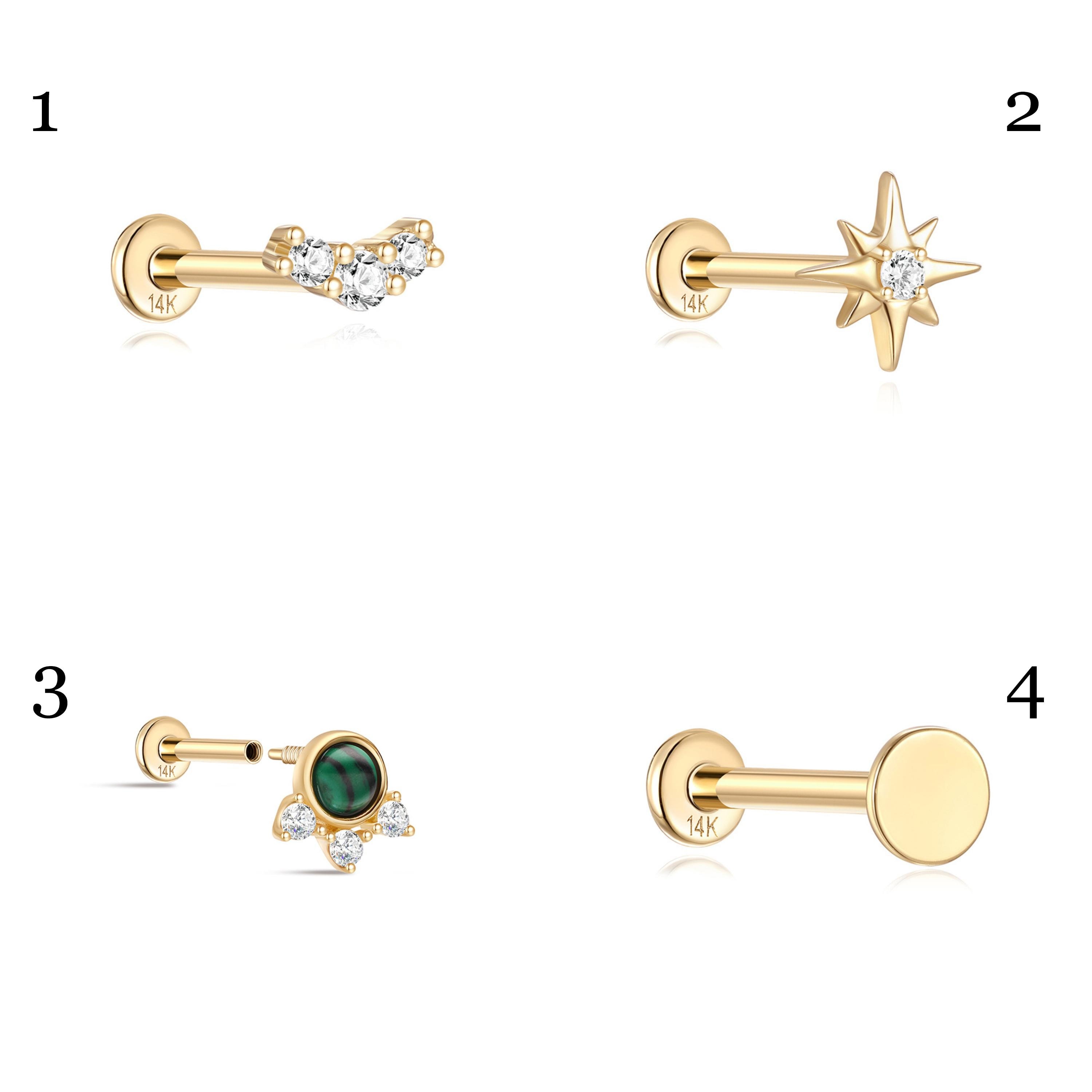 14K Solid Gold Lab Diamond Push Pin Labret Stud Helix Cartilage Tragus ...