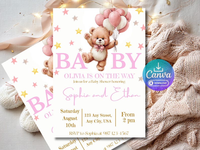 Editable Canva Template | Pink Teddy Bear | Baby Shower Invitation - Etsy