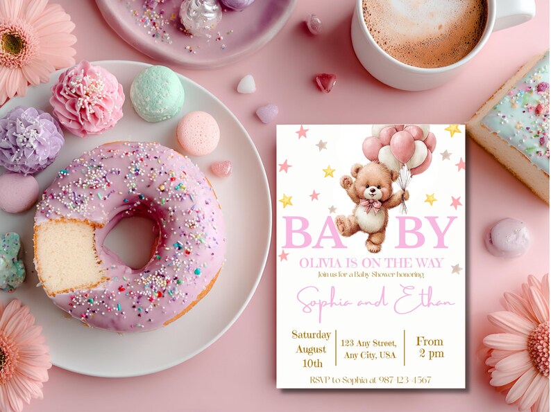 Editable Canva Template | Pink Teddy Bear | Baby Shower Invitation - Etsy