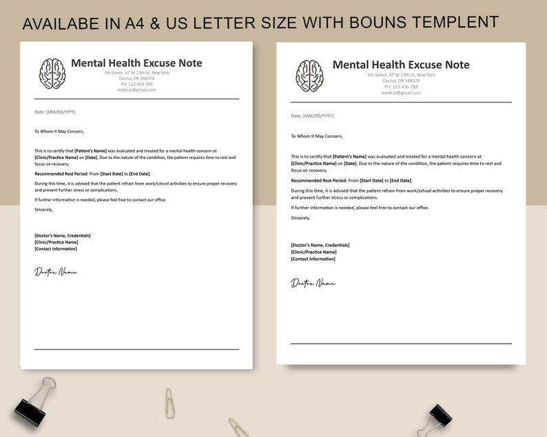 Mental Health Excuse Note Template for Work or School, Doctor Note for ...