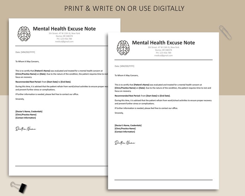 Mental Health Excuse Note Template for Work or School, Doctor Note for ...