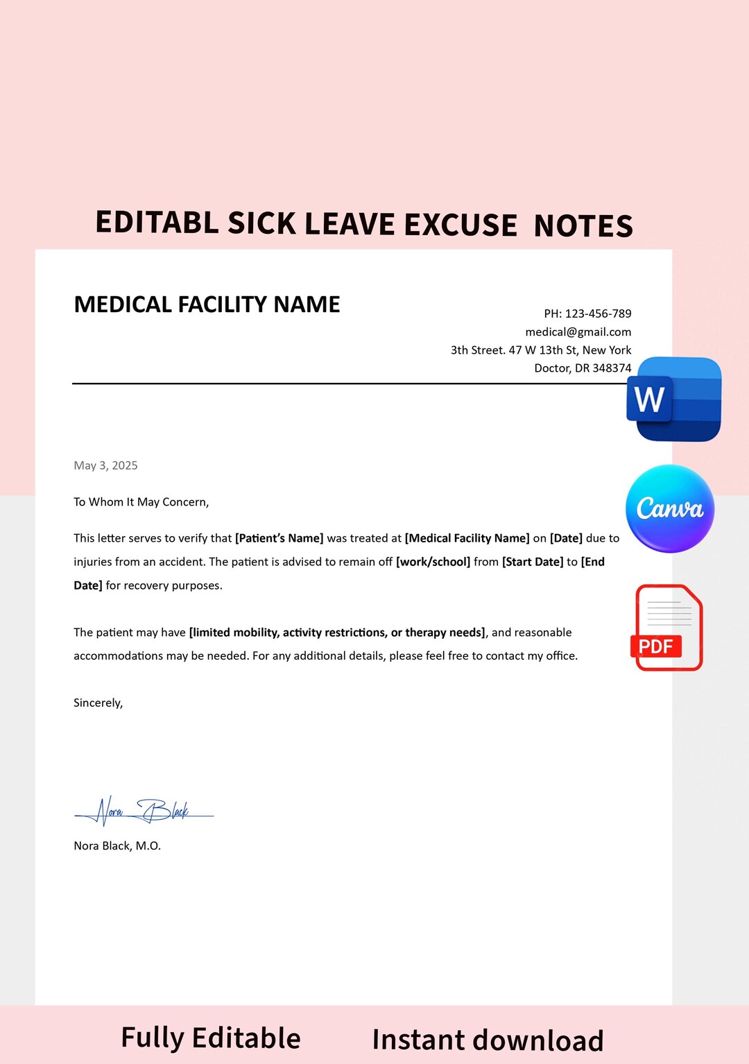Sick Leave Excuse Note Form, Editable Return to Work Note, Dr Excuse ...