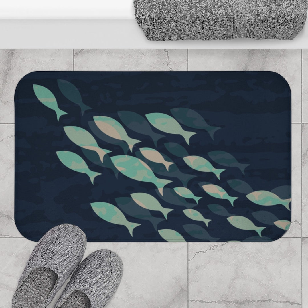 Fish Bathmat Navy Blue, Padded Oceanic Fish Mat, Blue Bathroom Mat ...