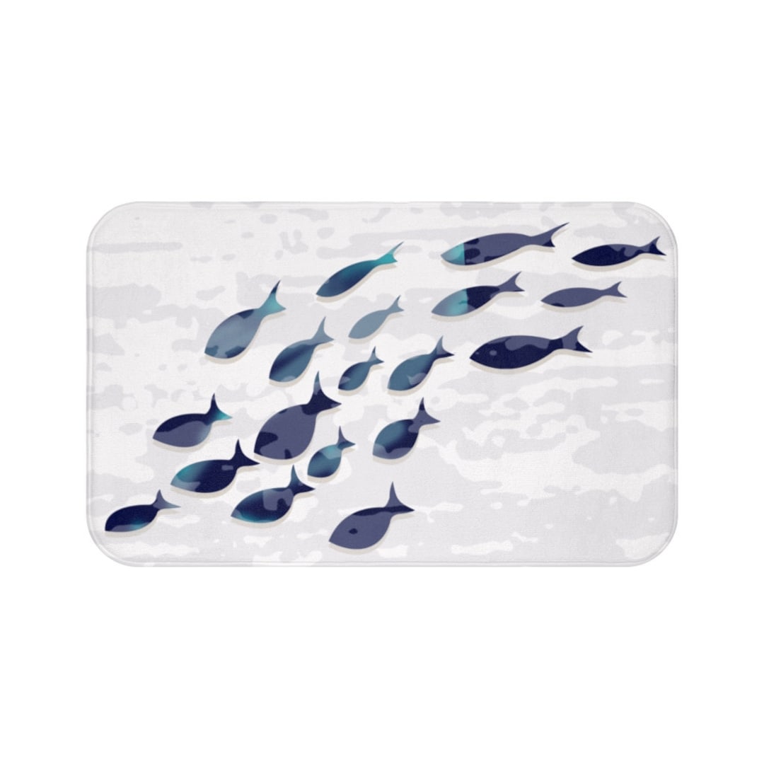 Fishing Bathmat Blue Gray, Padded Fish Floor Mat, Fishing Ocean Padded ...