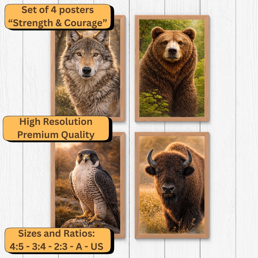 Set of 4 Woodland Animal Posters • Strength & Courage Wall Art ...