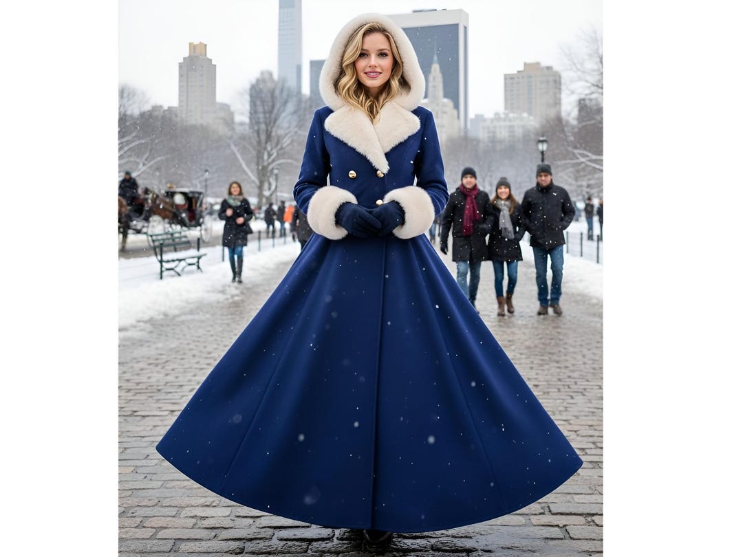 Elegant Winter Coat With Hooded Fur Trim | Long Wool Coat for Women ...