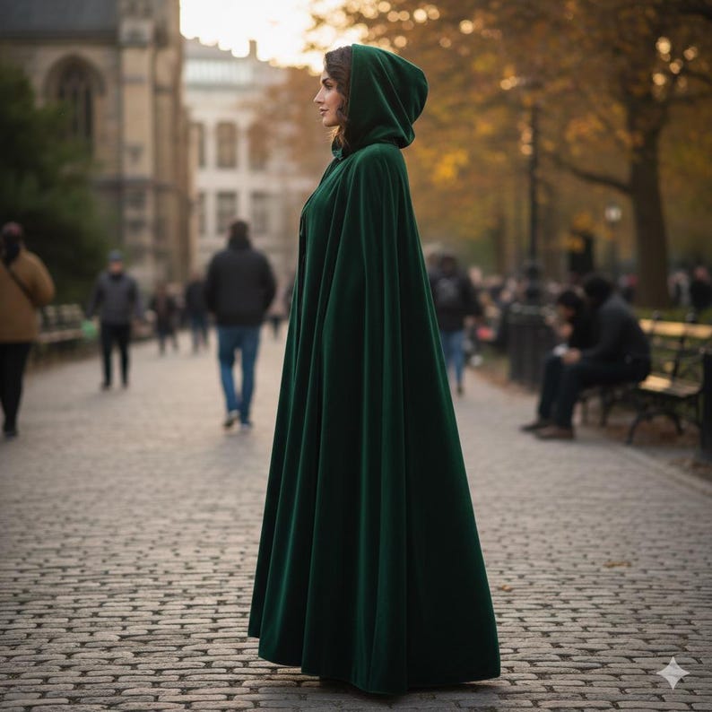 Elegant Green Velvet Cape Dress - Stylish Cloak With Hooded Detail for ...