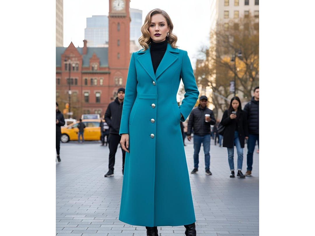 Elegant Teal Long Wool Coat for Women – Stylish Winter Overcoat, Button ...