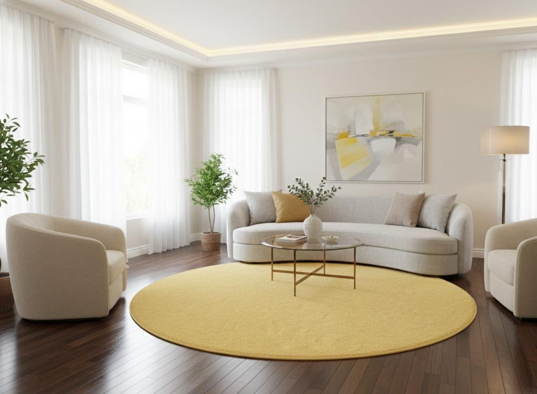 Solid Yellow Round Tufted Rug – Handmade Plush Area Rug, Modern Minimal ...