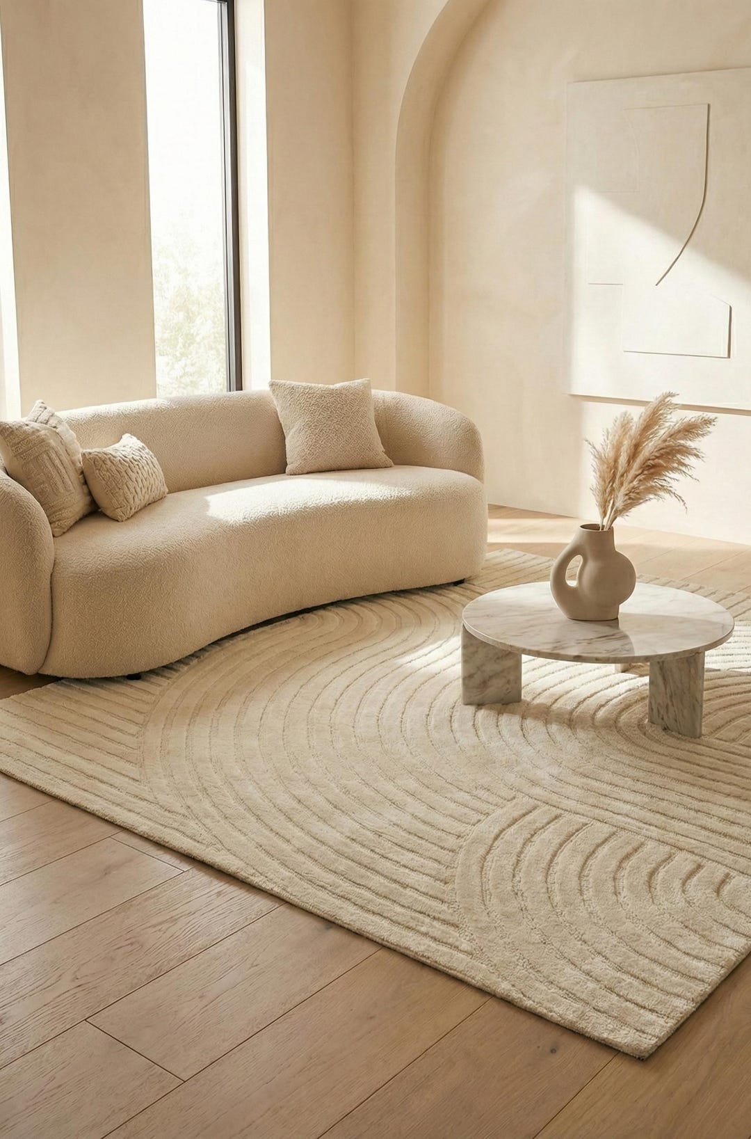Modern Beige Tufted Area Rug – Minimalist Wave Pattern Carpet for ...