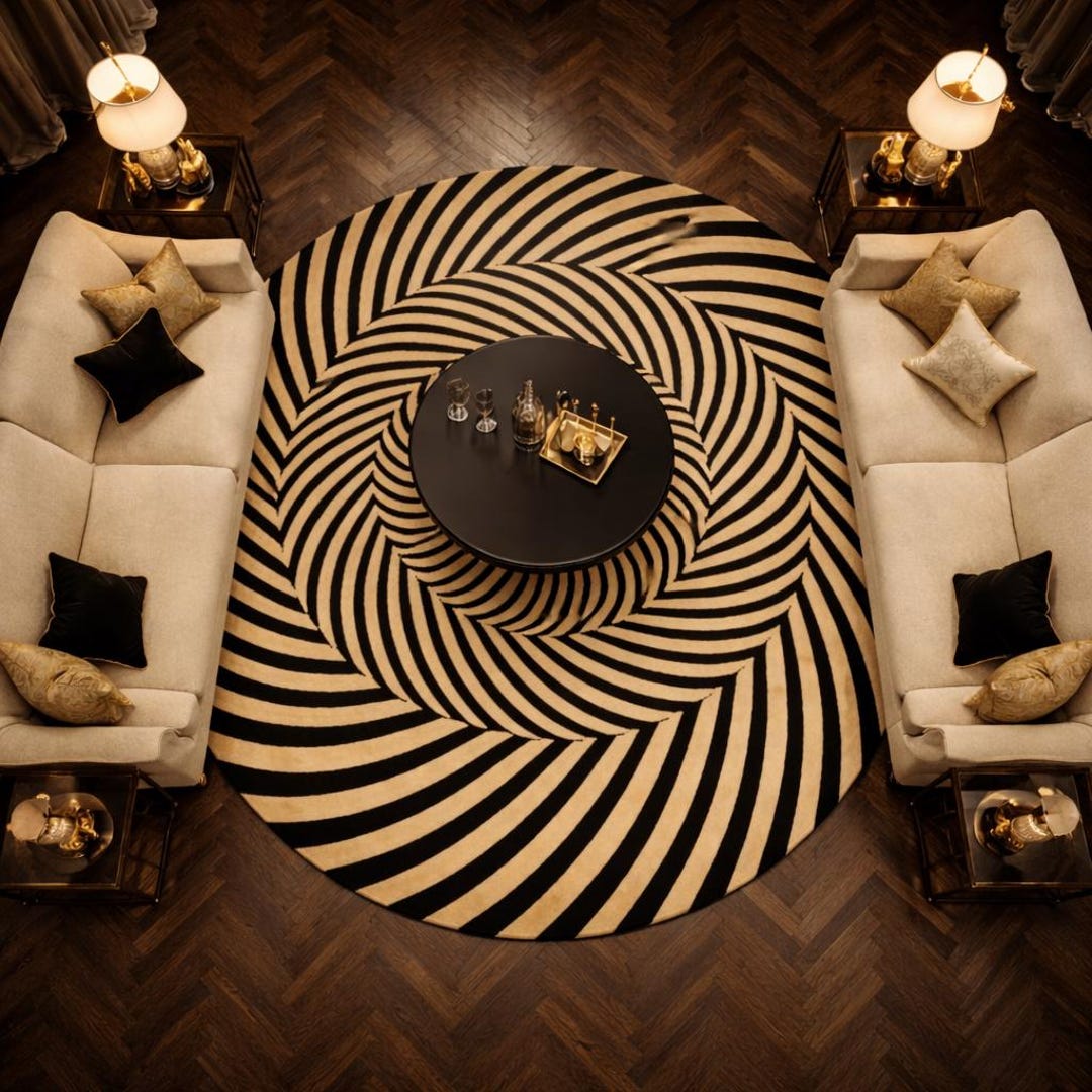Hand Tufted Optical Illusion Round Rug – Black & Beige Spiral Abstract ...