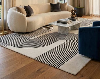 Modern Black and White Abstract Rug: Minimalist Line Art Carpet - Etsy