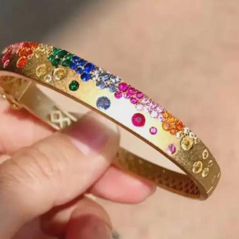 14K Gold Rainbow CZ Diamond Bengal Bracelet - Etsy