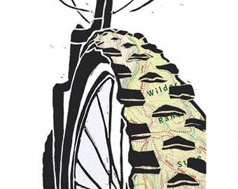 Mountain Bike Art Black Linocut Relief Print