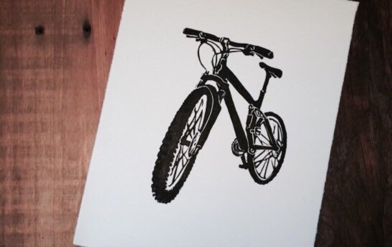 Mountain Bike Linocut Print - Handmade Printmaking Bicycle Lino Print ...