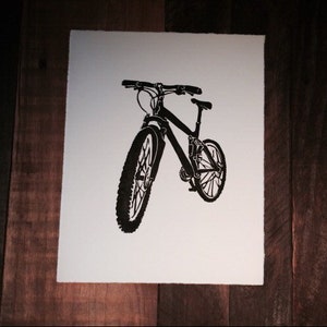 Mountain Bike Linocut Print - Handmade Printmaking Bicycle Lino Print ...
