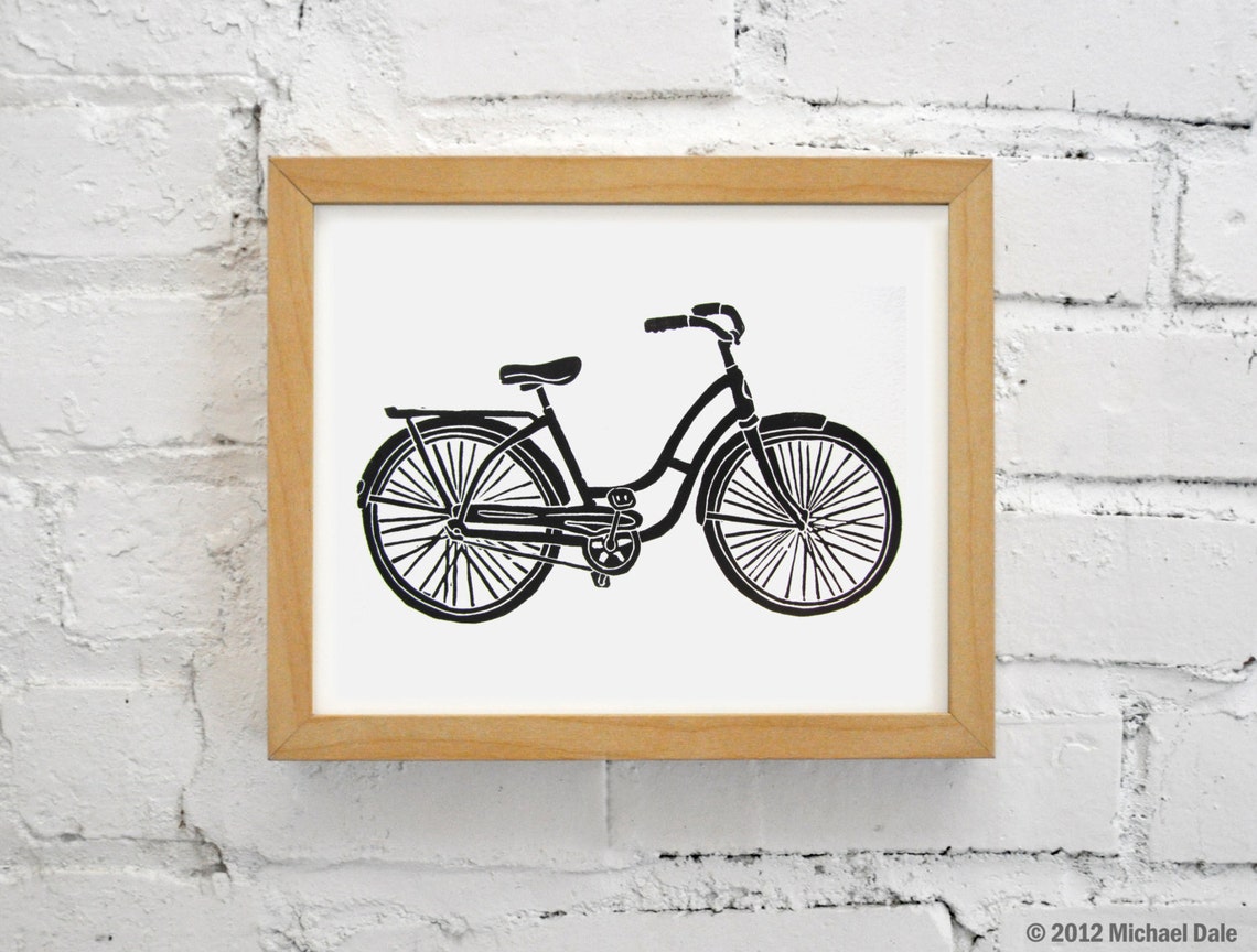 Bike Print Vintage Bicycle Bike - Linocut Printmaking Relief Print - Etsy