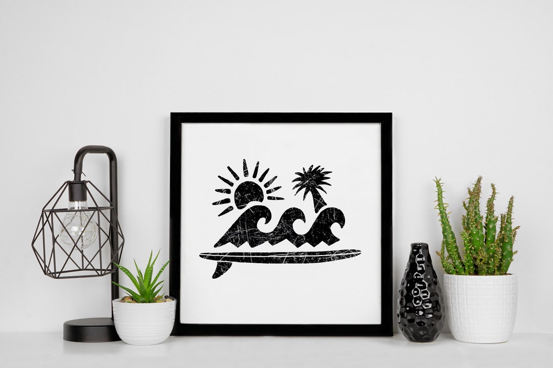 Surfboard Beach and Sun Art Print - Surfer, Beach, Coastal, Waves, Palm ...