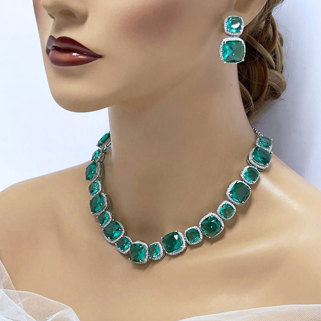 Luxury Teal Green Cubic Zircon Wedding Earrings Necklace Jewelry Set ...