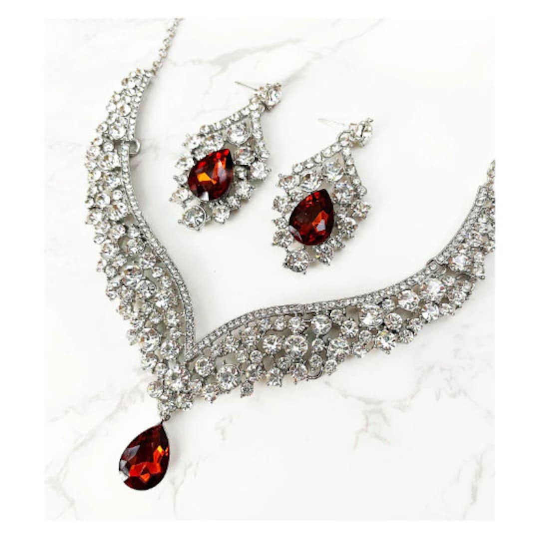 Red Wedding Jewelry Set, Bridal Jewelry Set, V Shape Necklace Earrings ...