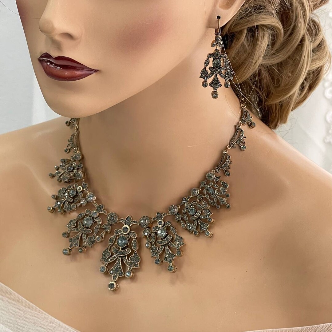 Vintage Inspired Antique Gold Wedding Necklace Statement Earrings Set ...