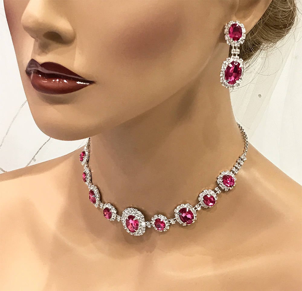 Wedding Jewelry Set Hot Pink Fuchsia Necklace Earrings