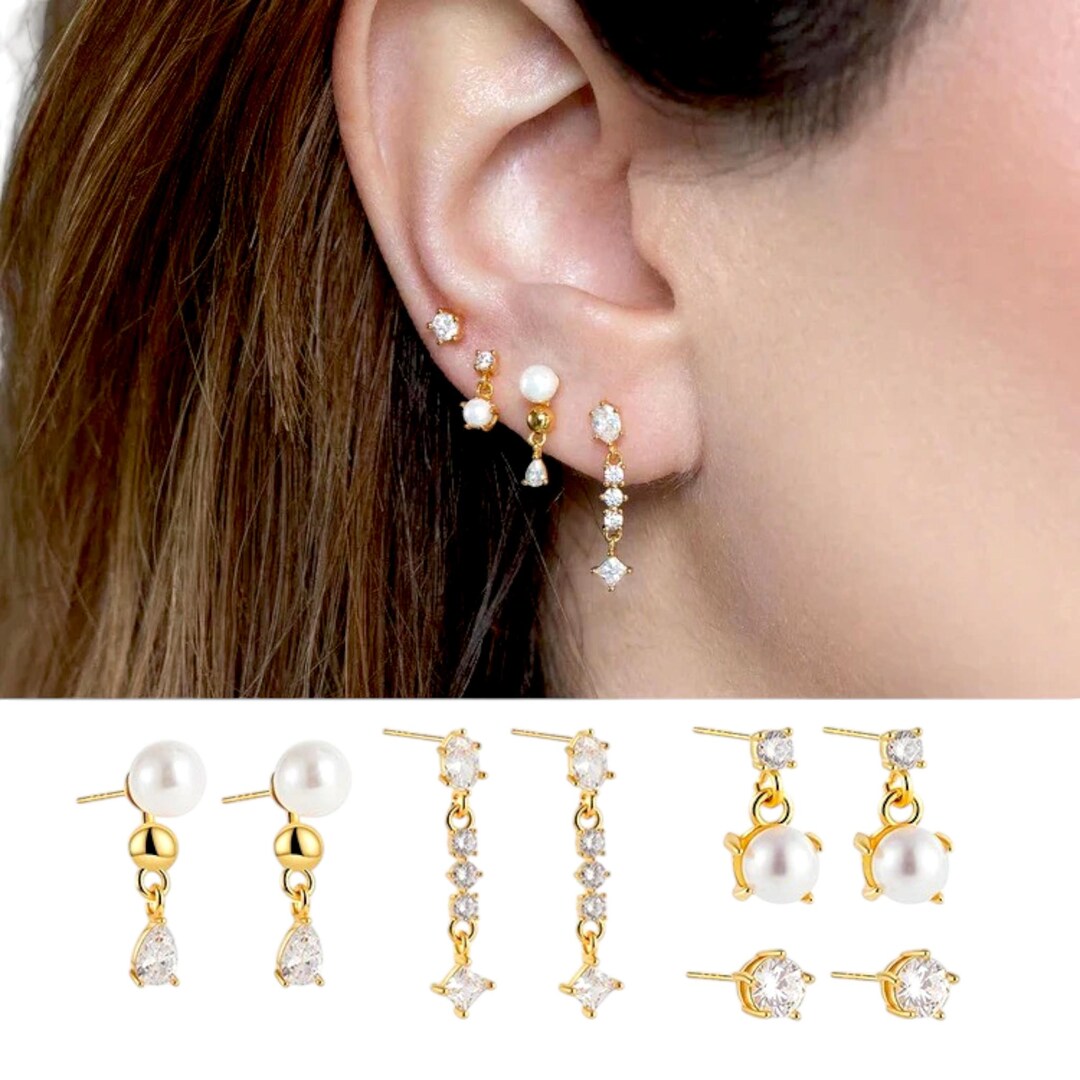 Stackable 14k Gold Plated Cubic Zirconia Multi Piercings Earrings Set ...
