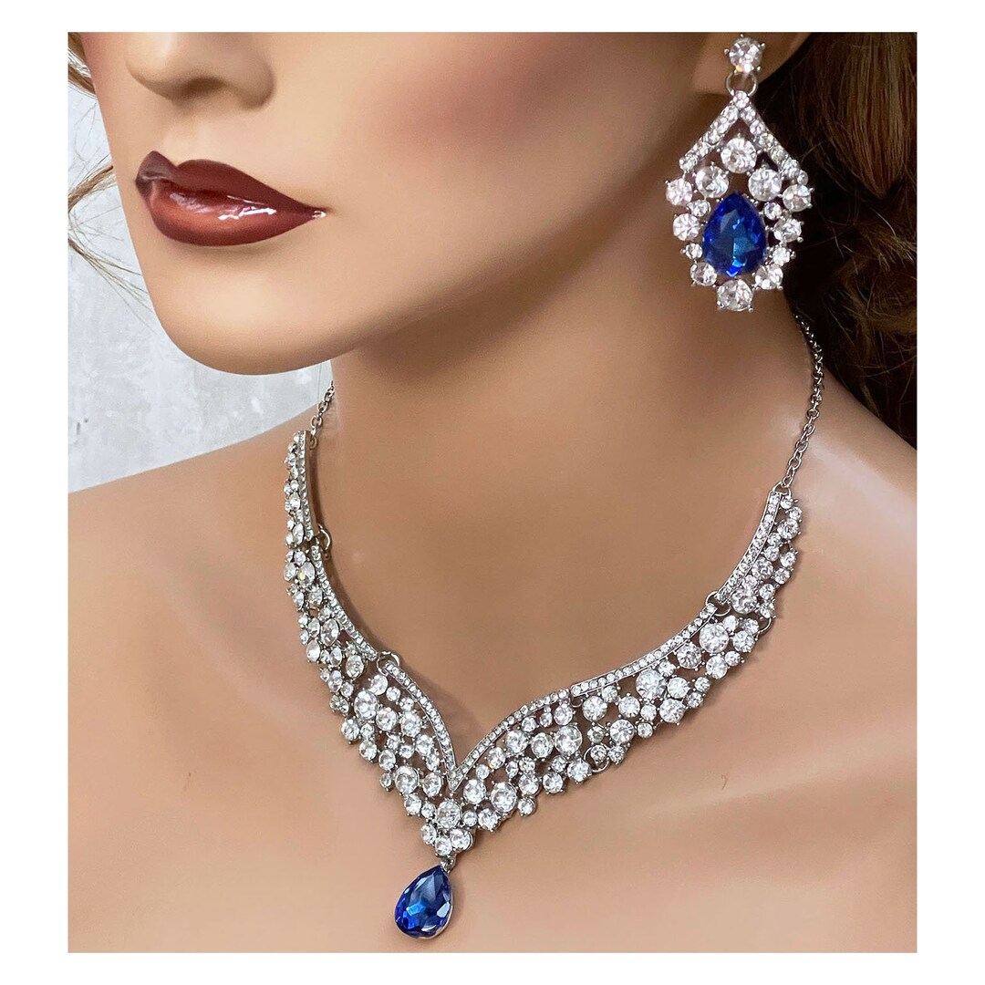 Bridal Jewelry Royal Blue Bridal V Shape Necklace Earrings - Etsy
