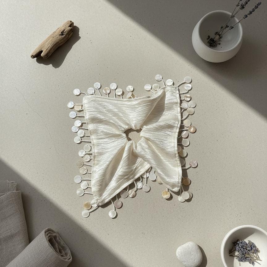 Handmade Silk Square Hair Scrunchie With Seashell Design, Elegant and ...