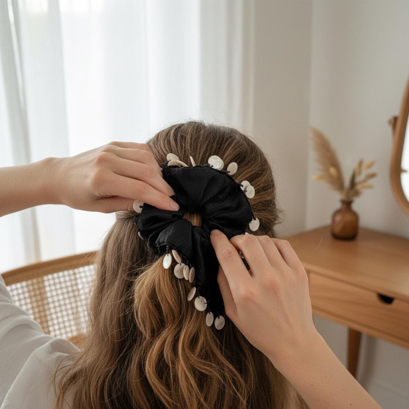 Handmade Silk Square Hair Scrunchie With Seashell Design, Elegant and ...