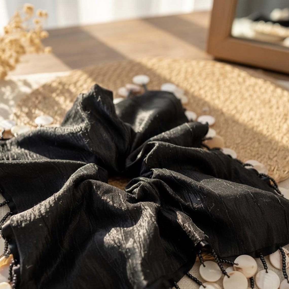Handmade Silk Square Hair Scrunchie With Seashell Design, Elegant and ...