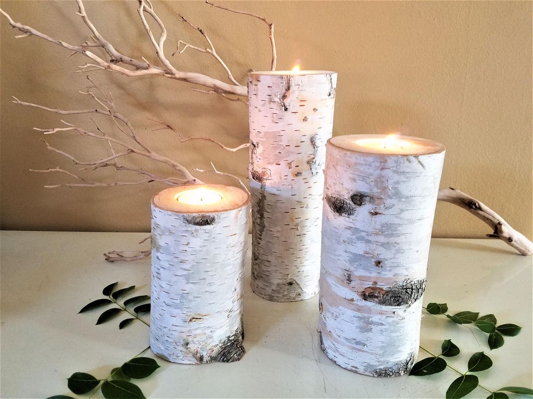 3 Tall Birch Candle Holders, Birch Tree Candles, Fireplace Logs, Birch ...