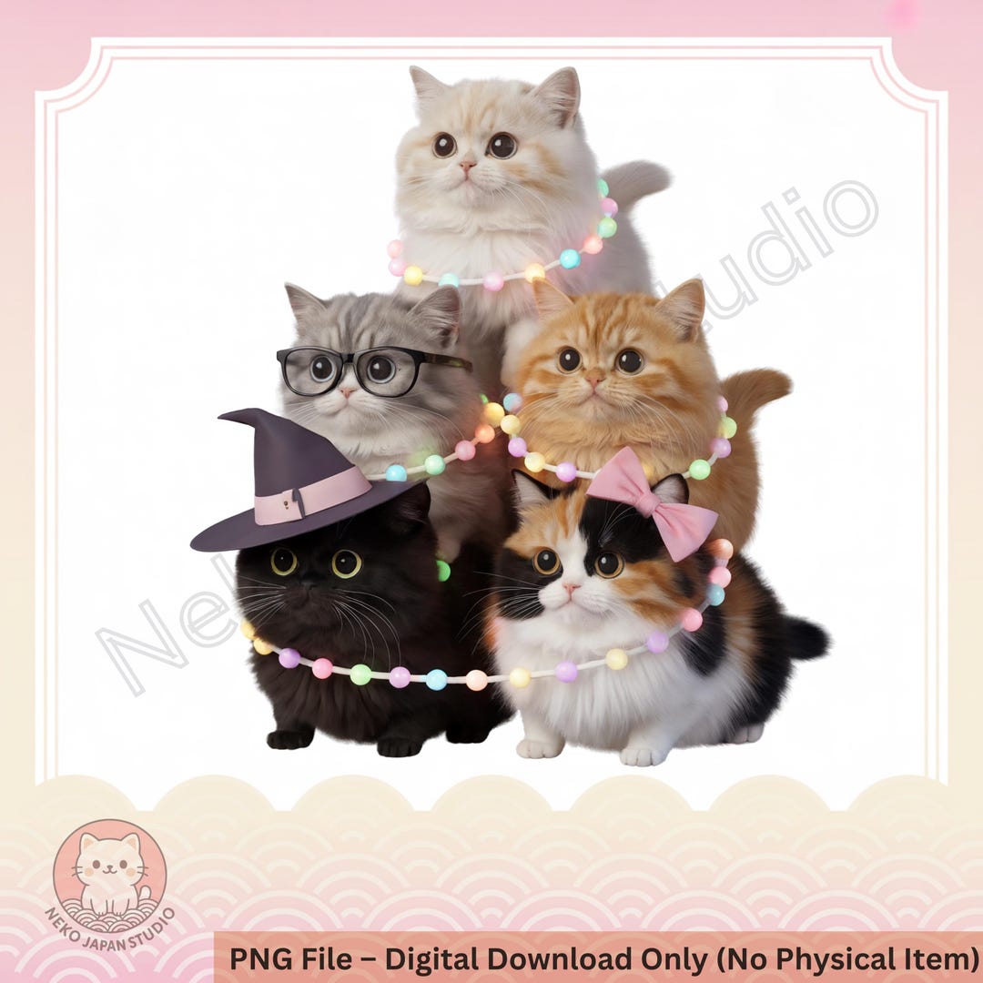 Kawaii Christmas Cat Stack PNG, 5 Cute Kittens Pyramid With Lights ...