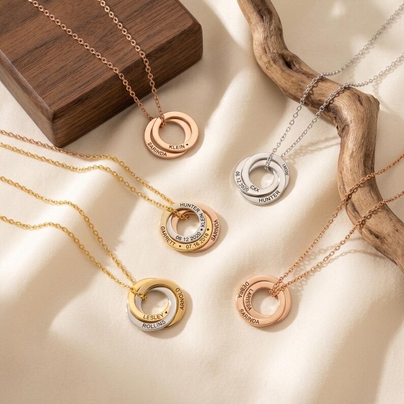 Multiple Linked Ring Necklace, Personalized Family Necklace, Engraved ...