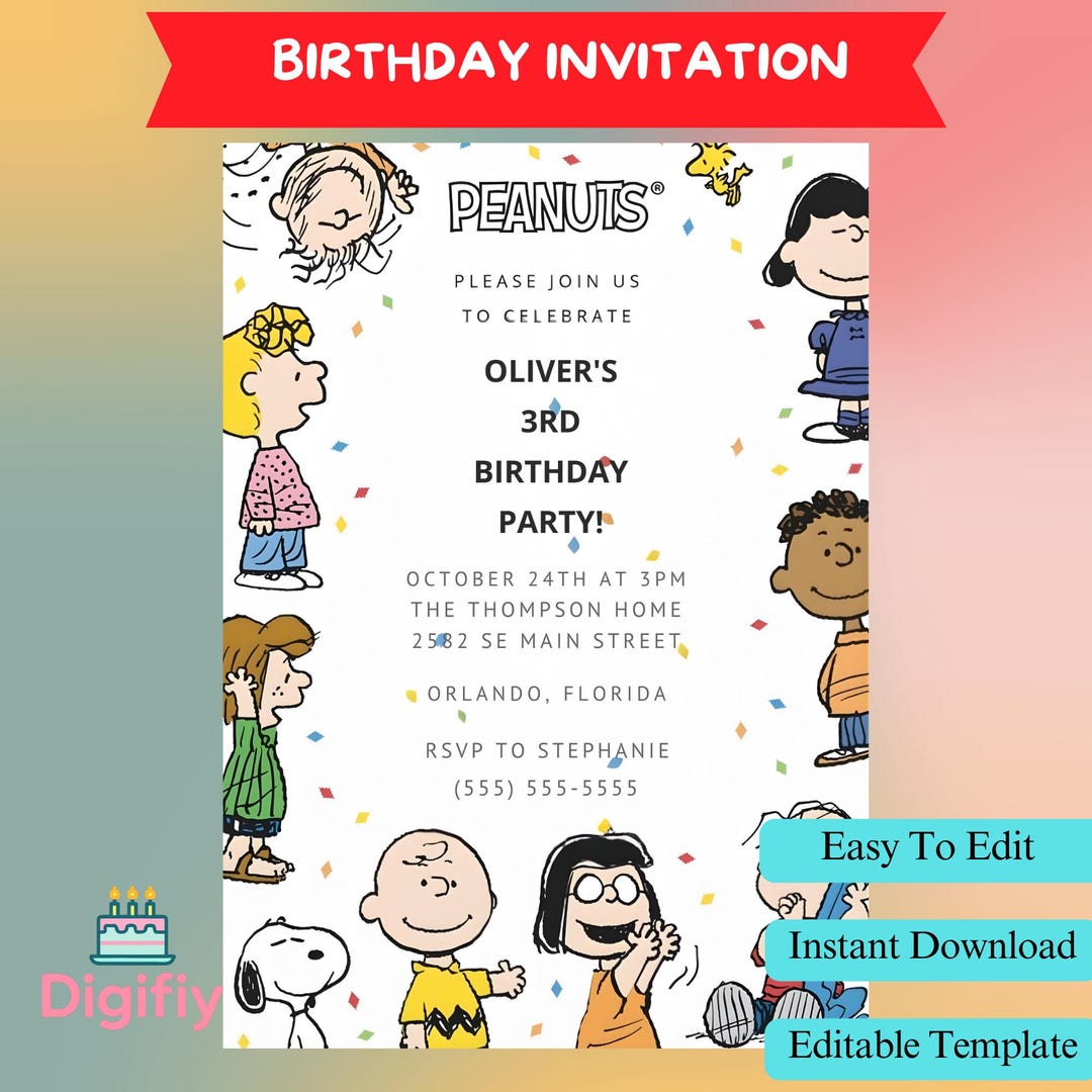 Snoopy Birthday Invitation, Peanuts Party Invite (digital Download) - Etsy